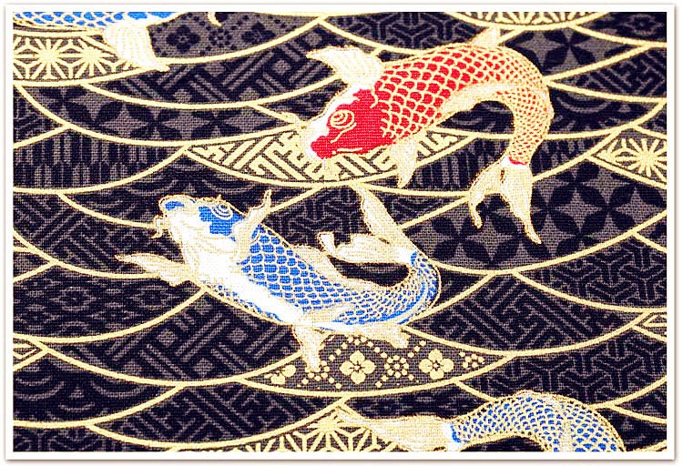 Cotton Linen Fabric Japanese Kimono Fabric, Fish on Red Black With ...