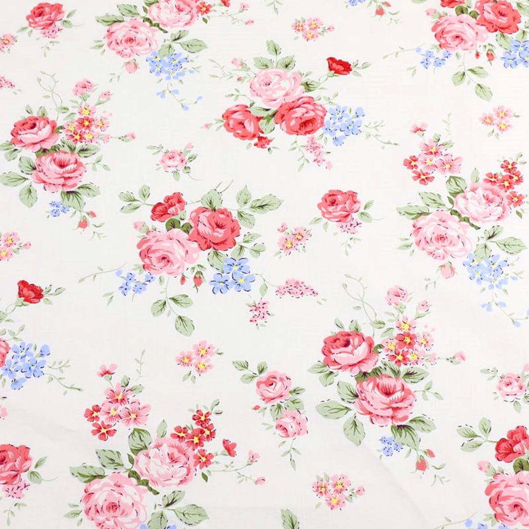Retro Rose Floral Cotton Fabric, Shabby Chic Large Rose Cotton Flower ...