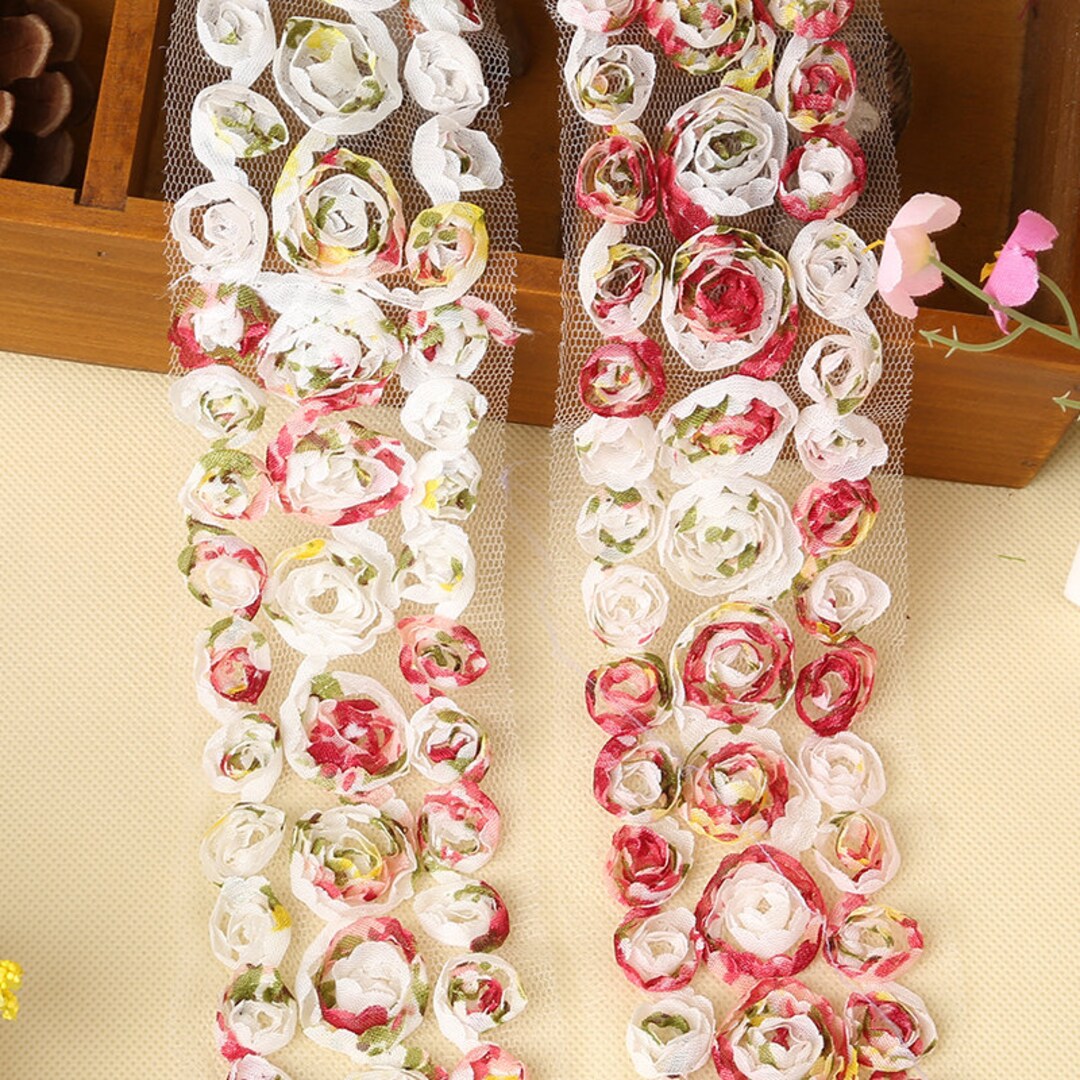 Colorful 3D Rose Trim Flowers Lace Ribbon Wedding Chiffon Trim Bridal ...