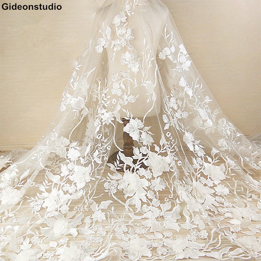 White Flower Lace Fabric off White 3D Florals Embroidered Chiffon ...