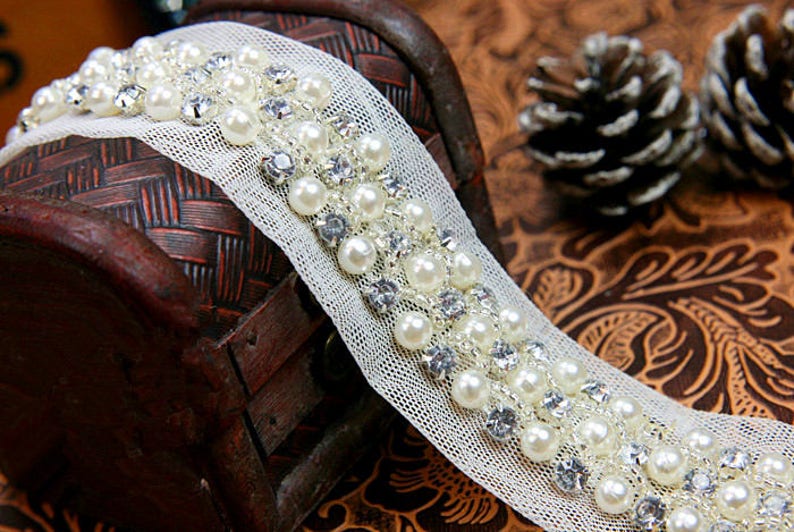 1 Yard Crystal Beaded Pearl Trim Rhinestone Pearl Trim Ribbon | Etsy