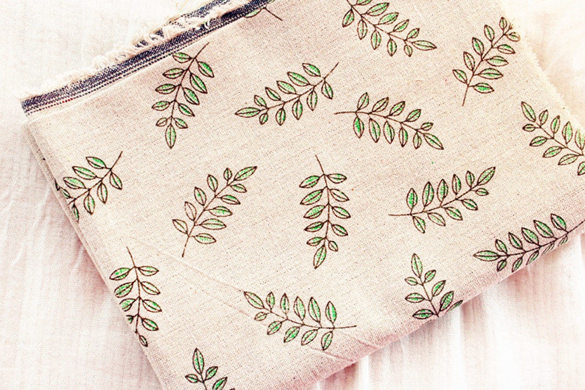 Green Olive Branch Fabric Beige Cotton Linen Fabric Shabby | Etsy