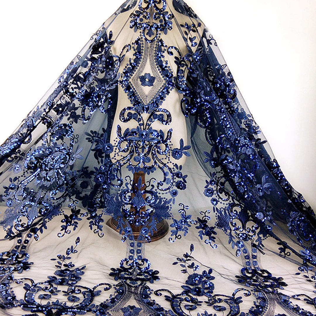 Navy Blue Flower Lace Black Lace Fabric Sequins Floral Embroidered Lace ...