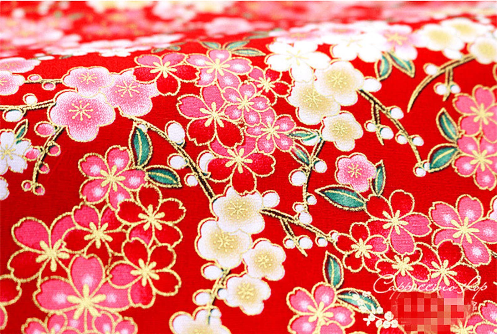 Sakura Flowers Cotton Fabric Japanese Kimono Fabric,floral on Red Blue ...