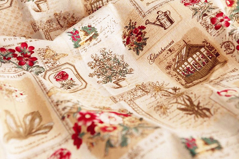 Vintage Cotton Linen Fabric Red Flower Garden House Shabby | Etsy
