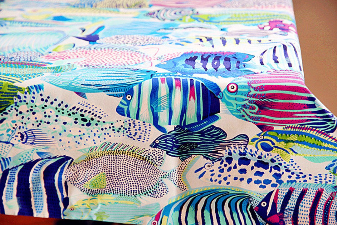 Color Fish Cotton Fabric Blue Ocean Beach Style Tropics Shabby Chic ...