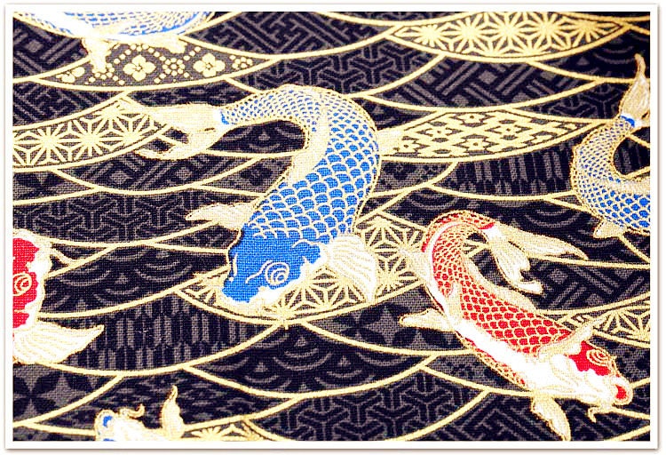 Cotton Linen Fabric Japanese Kimono Fabric, Fish on Red Black With ...