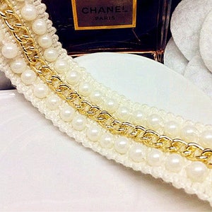 1 Yard Pearl Beaded Trim Metal Chain Trim Gold Tone Chain Lace Trim ...