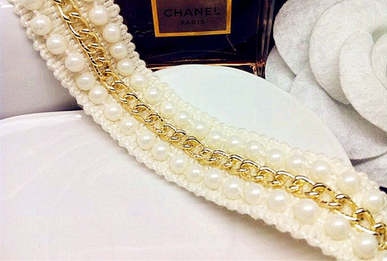 1 Yard Pearl Beaded Trim Metal Chain Trim Gold Tone Chain Lace | Etsy