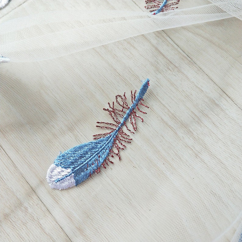 Feather Lace Fabric Blue Feathers Embroidered on White Black | Etsy