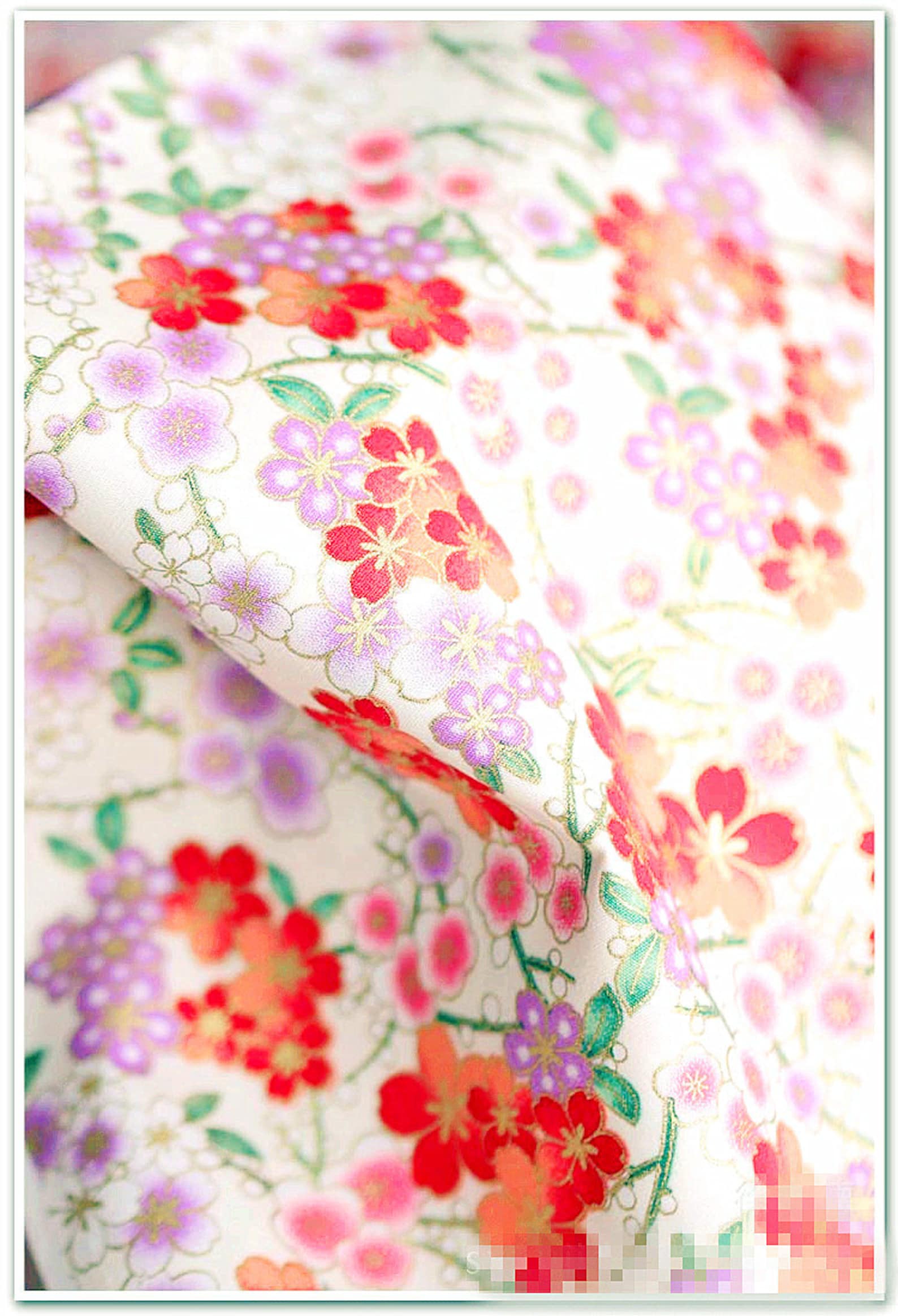 Sakura Flowers Cotton Fabric Japanese Kimono Fabric,floral on Red Blue ...