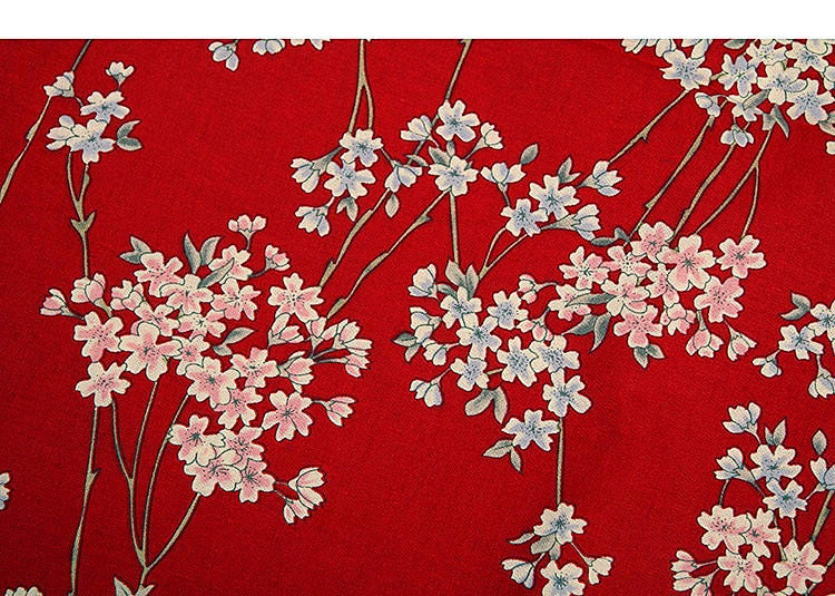 Sakura Cotton Fabric Flower on Red Black Fabric Japanese Kimono Fabric ...