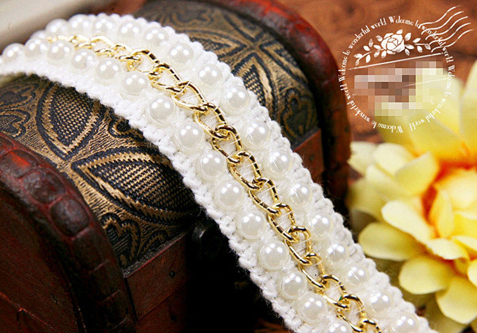 1 Yard Pearl Beaded Trim Metal Chain Trim Gold Tone Chain Lace | Etsy