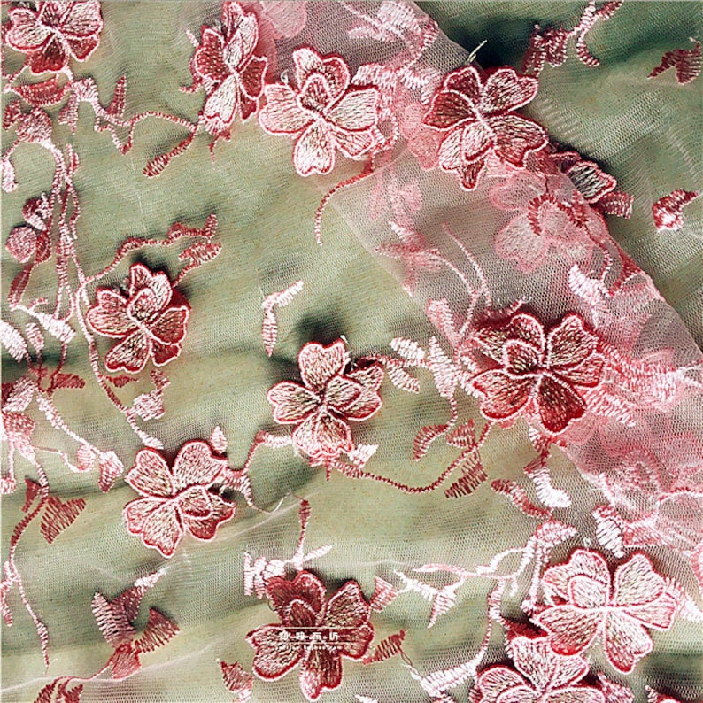 Flower Lace Fabric Blue Pink Florals Embroidered Lace Wedding Bridal ...