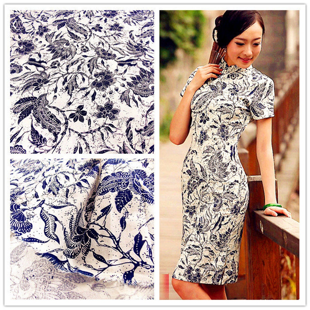 Blue Floral Cotton Linen Fabric Chinese Blue and White Porcelain Flower ...