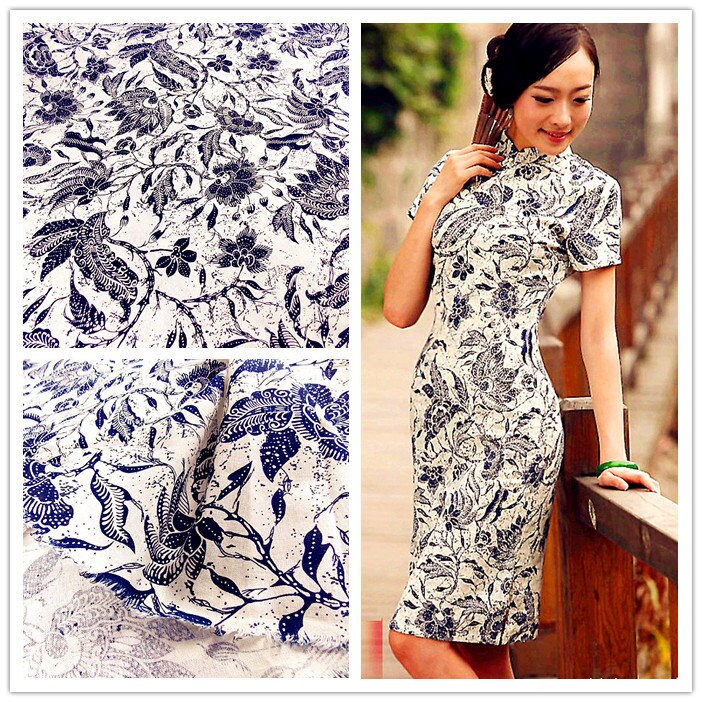 Blue Floral Cotton Linen Fabric Chinese Blue and White | Etsy