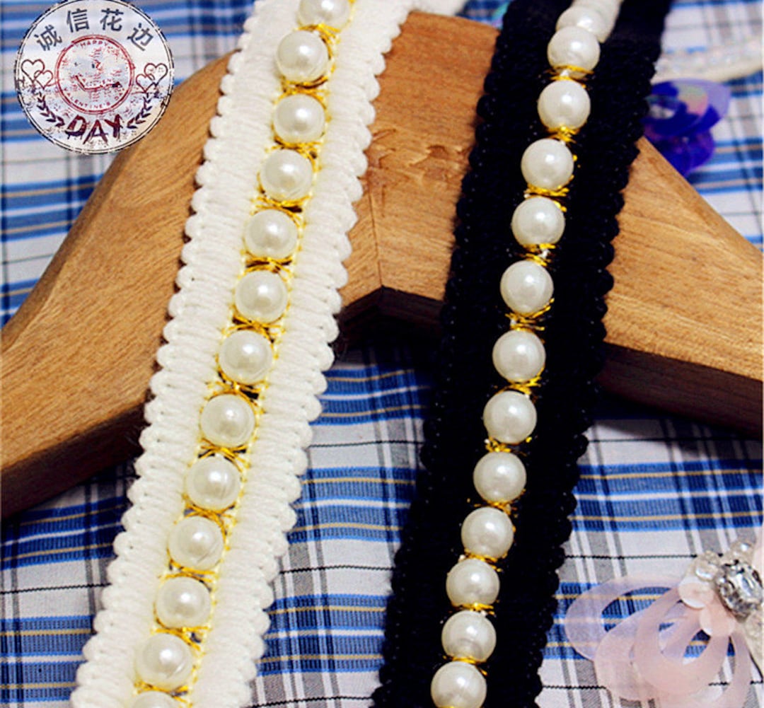 1 Yard Beaded Pearl Trim Black White Pearl Trim Ribbon Wedding Applique ...