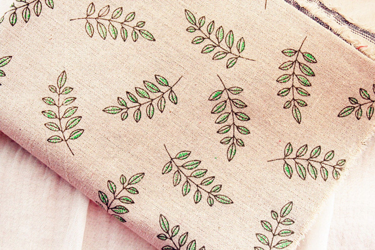 Green Olive Branch Fabric Beige Cotton Linen Fabric Shabby | Etsy