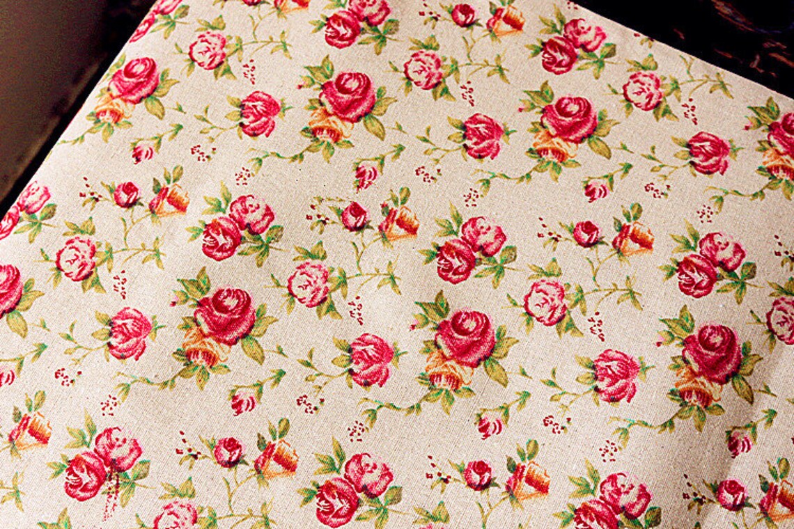 Rose Flower Fabric Linen Cotton Fabric Pink Rose Floral Fabric | Etsy
