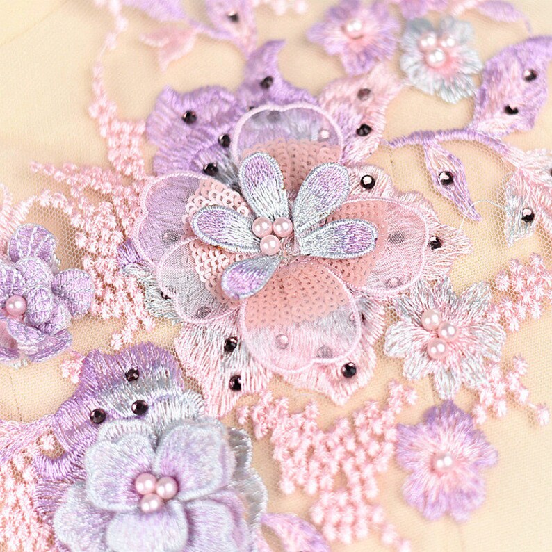 Purple Applique Rhinestone Pearl Beaded Lace Applique Flower - Etsy