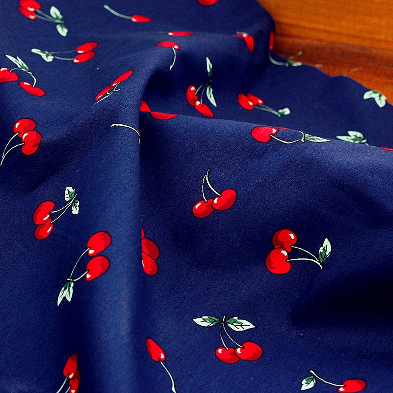 Cherry Cotton Fabric Shabby Chic Red Cherries on Navy Blue White Pure ...