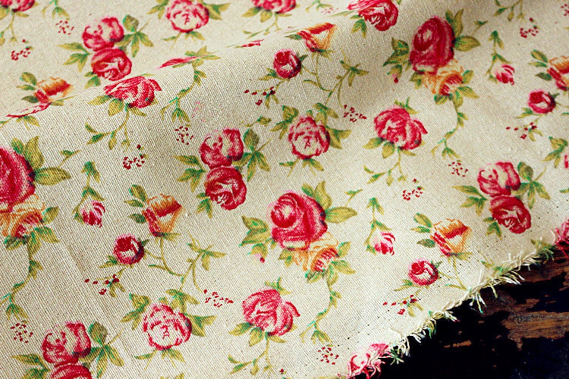 Rose Flower Fabric Linen Cotton Fabric Pink Rose Floral Fabric | Etsy