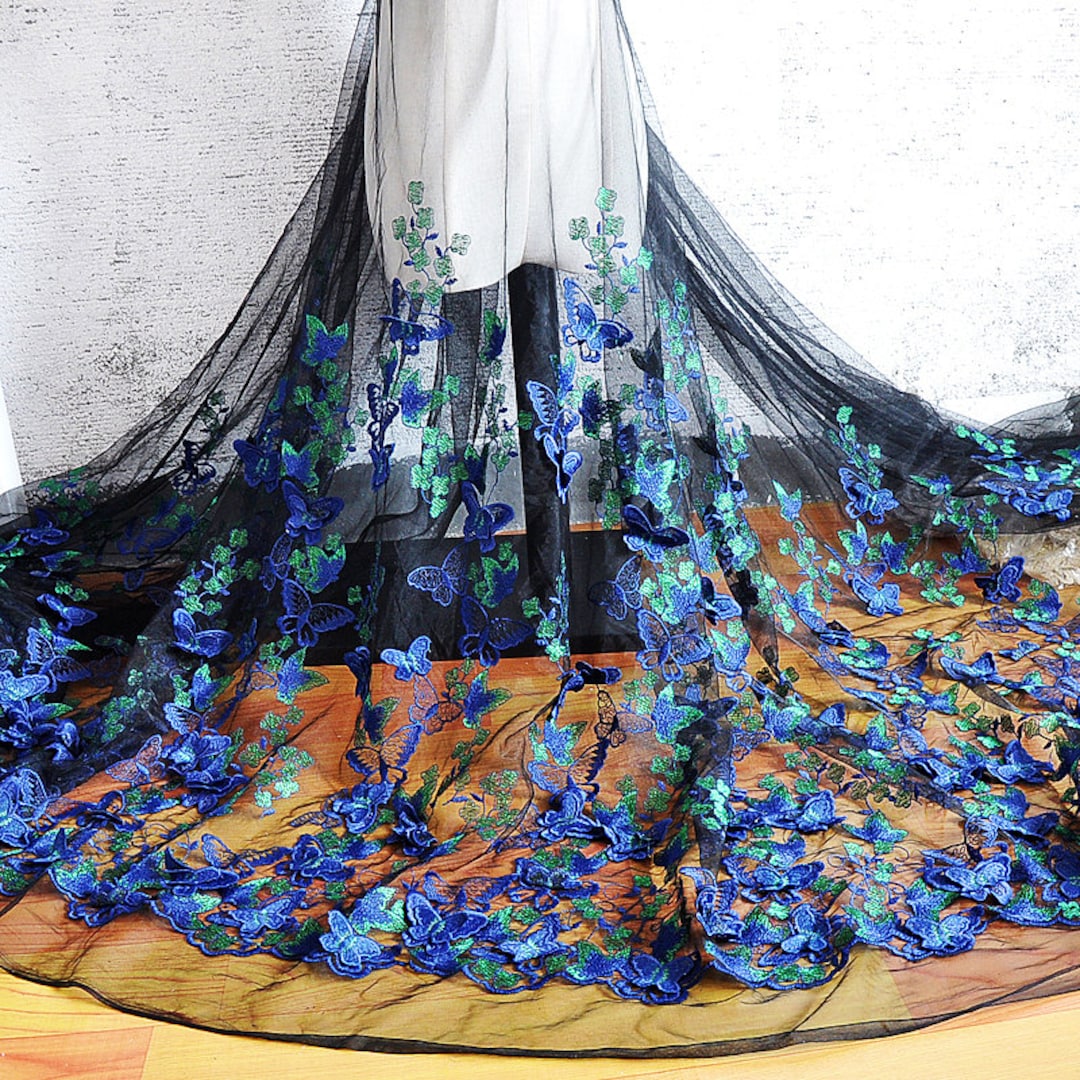 3D Butterfly Lace Fabric Blue Butterflies Lace Embroidered Wedding ...