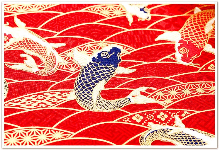 Cotton Linen Fabric Japanese Kimono Fabric, Fish on Red Black With ...