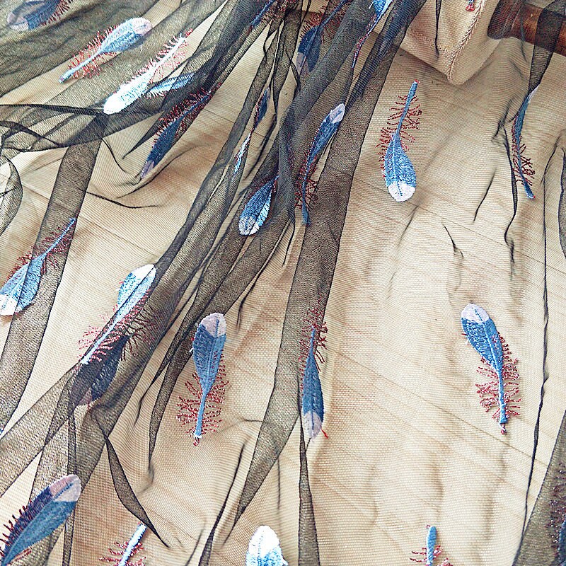 Feather Lace Fabric Blue Feathers Embroidered on White Black | Etsy