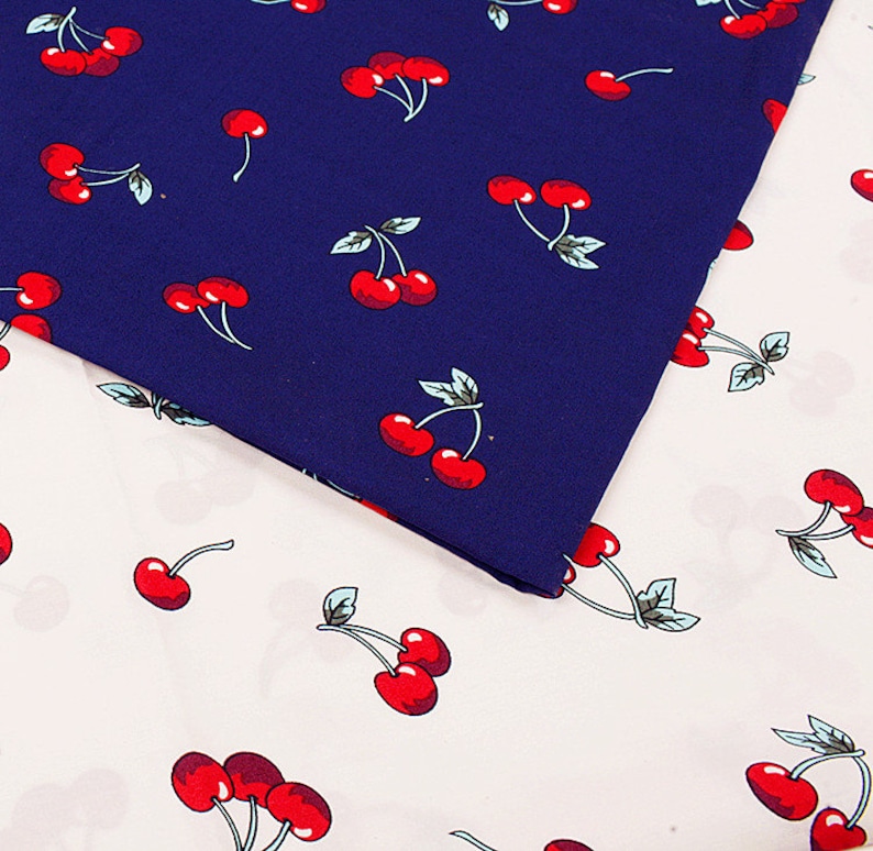 Cherry Cotton Fabric Shabby Chic Red Cherries on Navy Blue White Pure ...
