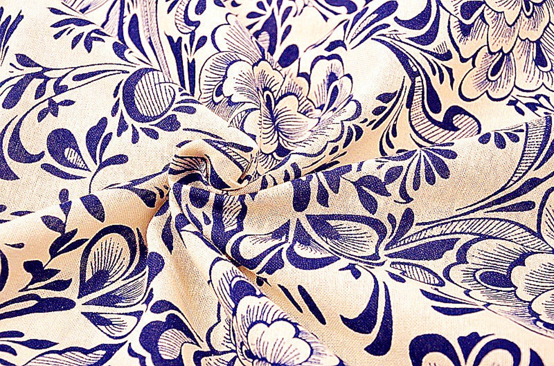 Blue Flower Cotton Linen Fabric Chinese Blue and White | Etsy