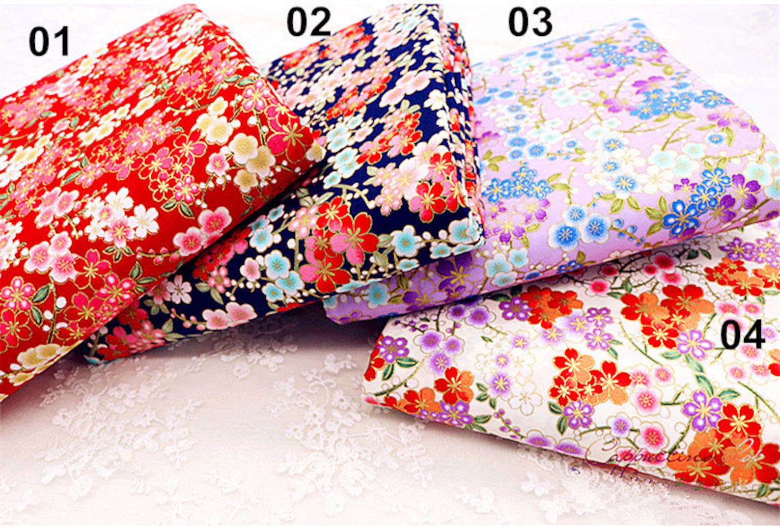 Sakura Flowers Cotton Fabric Japanese Kimono Fabric,floral on Red Blue ...