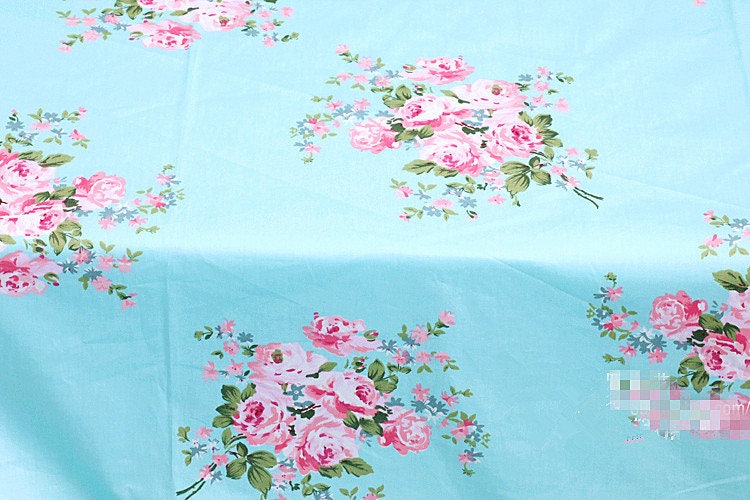 Rose Flower Cotton Fabric Large Floral on Green Cotton Fabric - Etsy