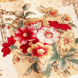 Vintage Cotton Linen Fabric Red Flower Garden House Shabby Florals Home ...