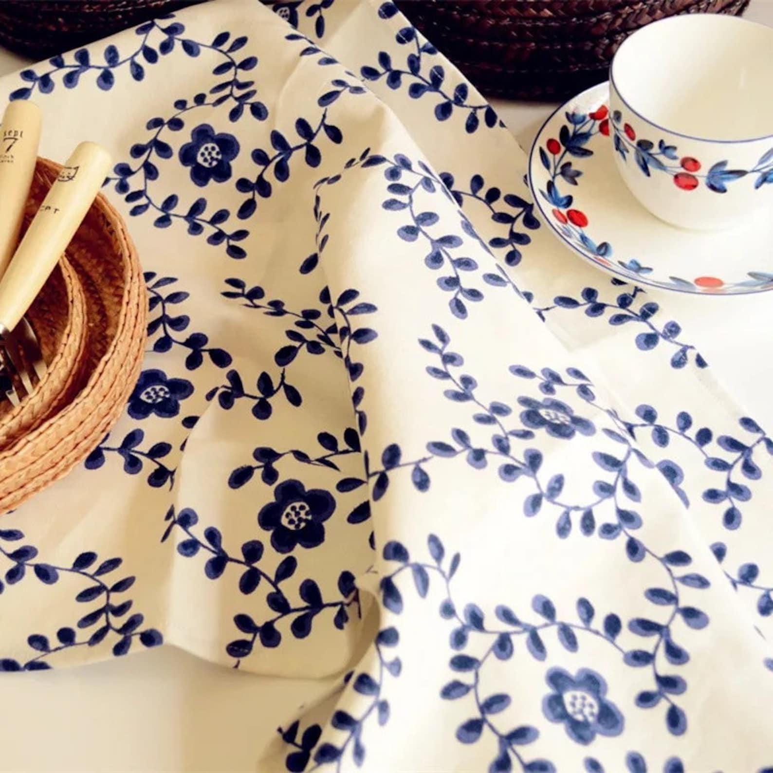 Chinese Style Cotton Linen Fabric Blue and White Porcelain | Etsy