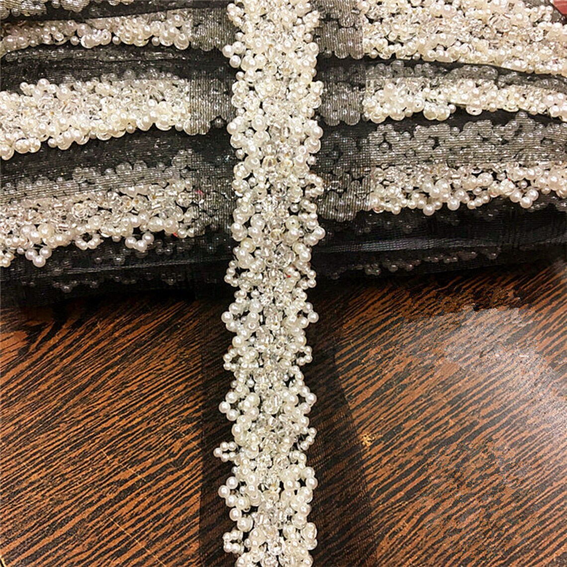 1 Yard Pearl Trim Black White Pearl Beaded Trim Ribbon for - Etsy