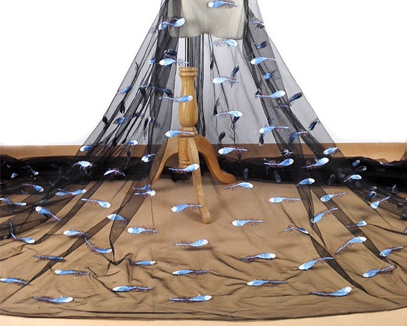 Feather Lace Fabric Blue Feathers Embroidered on White Black | Etsy