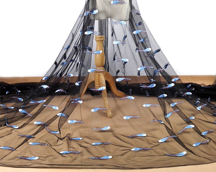 Feather Lace Fabric Blue Feathers Embroidered on White Black | Etsy