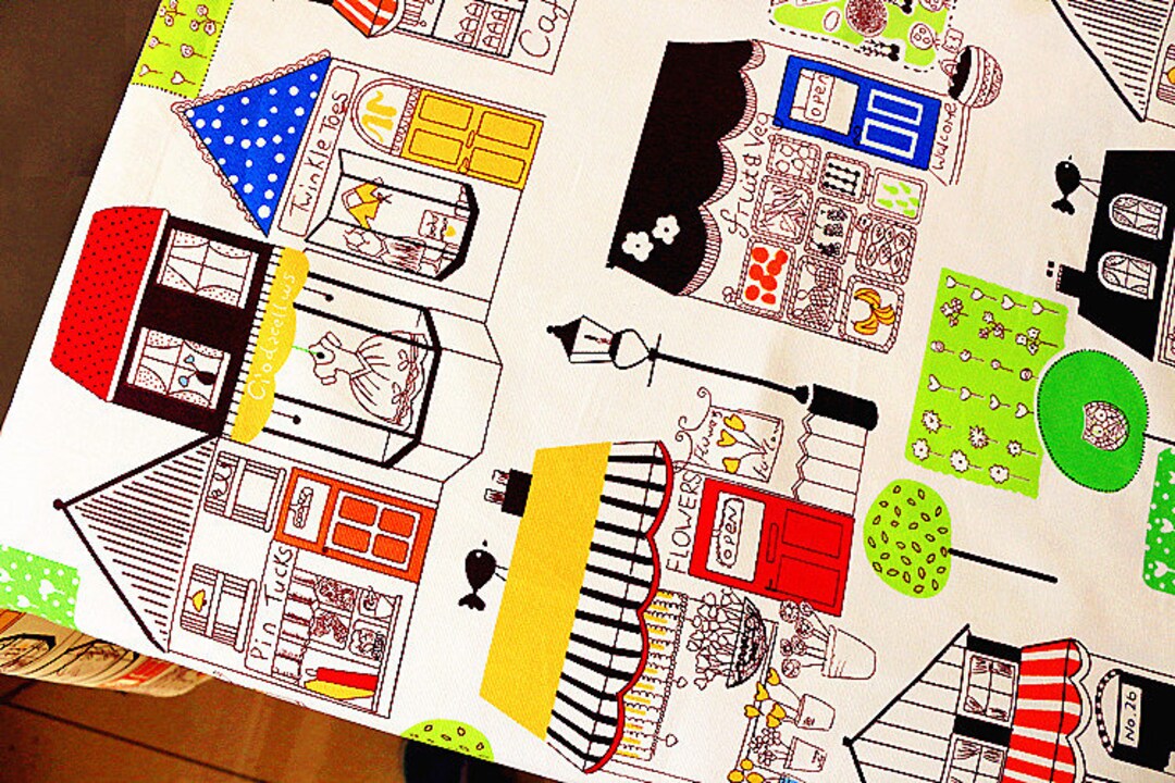 Kid Fabric Cotton Linen Fabric Street Scene of Small Town Fabric for ...