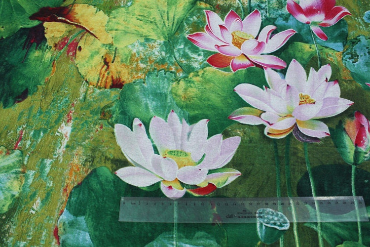Water Lily Flower Cotton Linen Fabric, Lily Floral Painting Fabric ...