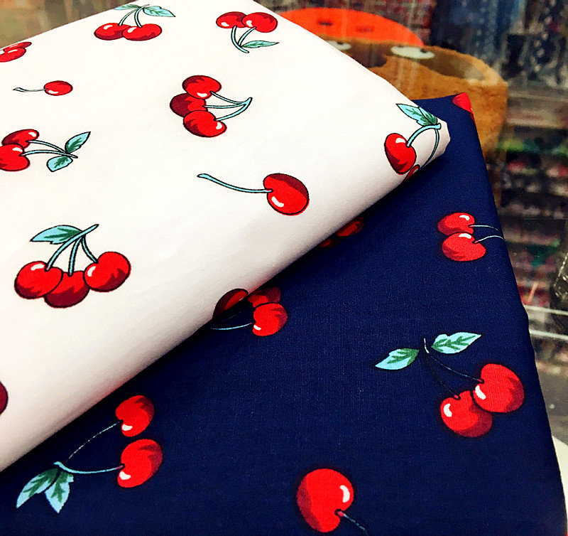 Cherry Cotton Fabric Shabby Chic Red Cherries on Navy Blue | Etsy