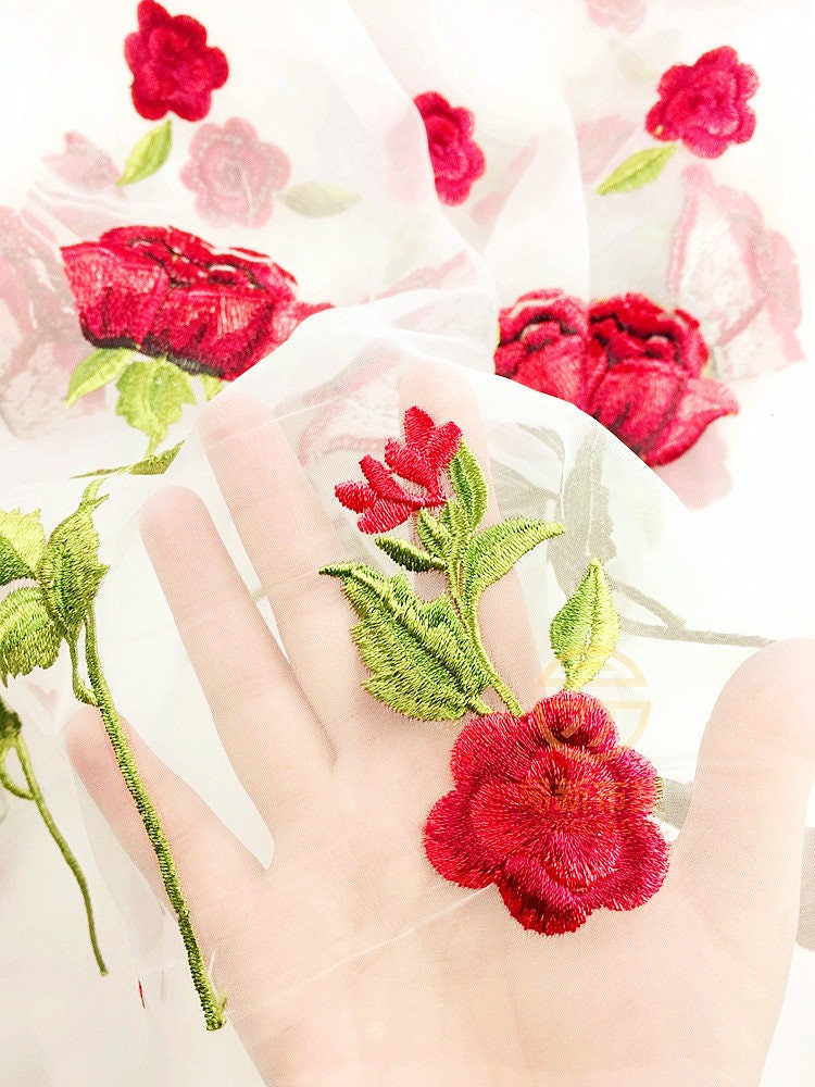 1 Yard Flower Lace Fabric Red Rose Embroidered on White Black - Etsy