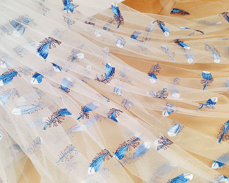 Feather Lace Fabric Blue Feathers Embroidered on White Black | Etsy