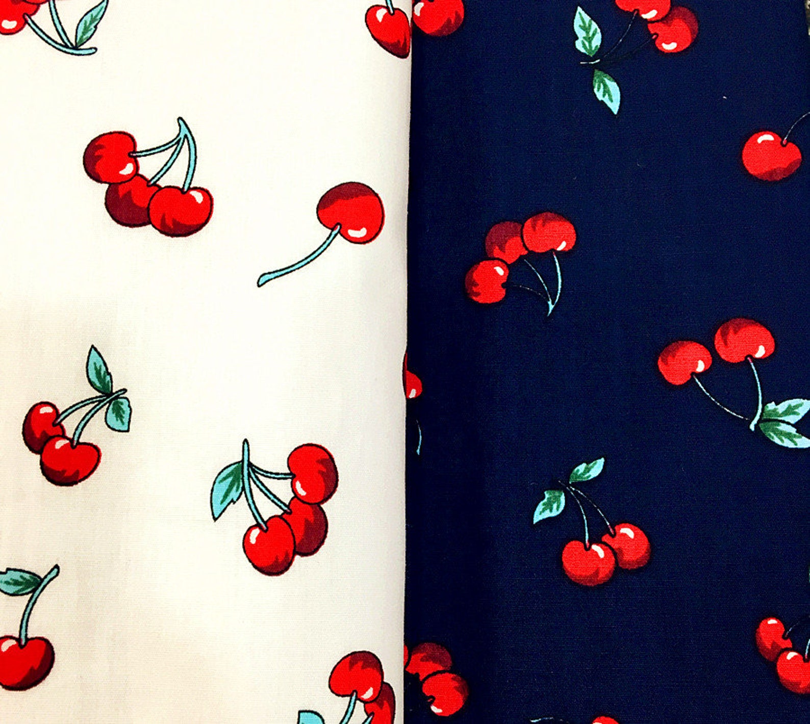 Cherry Cotton Fabric Shabby Chic Red Cherries on Navy Blue White Pure ...