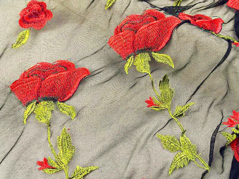 1 Yard Flower Lace Fabric Red Rose Embroidered on White Black - Etsy