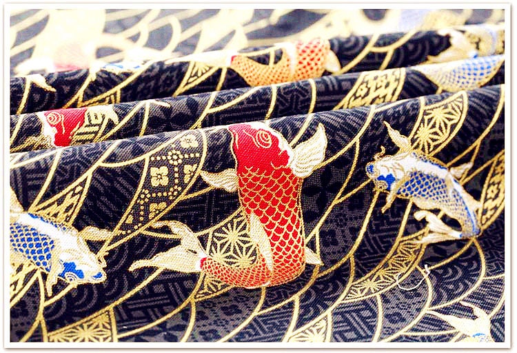 Cotton Linen Fabric Japanese Kimono Fabric, Fish on Red Black With ...