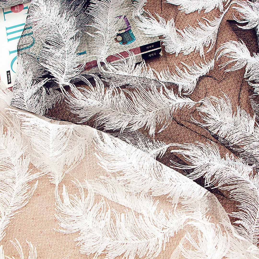 Feather Lace Fabric Black White Feathers Embroidered Lace Wedding ...