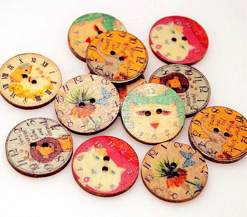 Vintage Wood Button Colorful Painted Clock Buttons Kids - Etsy