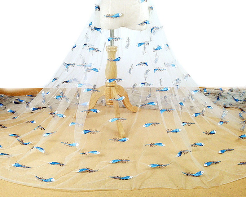 Feather Lace Fabric Blue Feathers Embroidered on White Black | Etsy