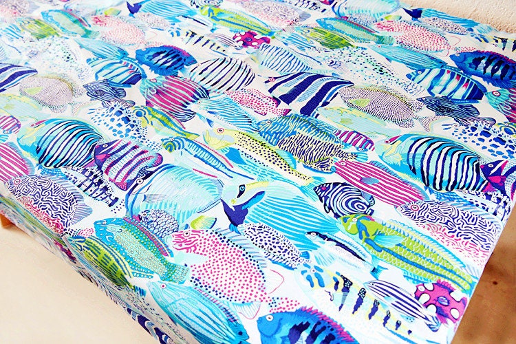 Color Fish Cotton Fabric Blue Ocean Beach Style Tropics Shabby | Etsy